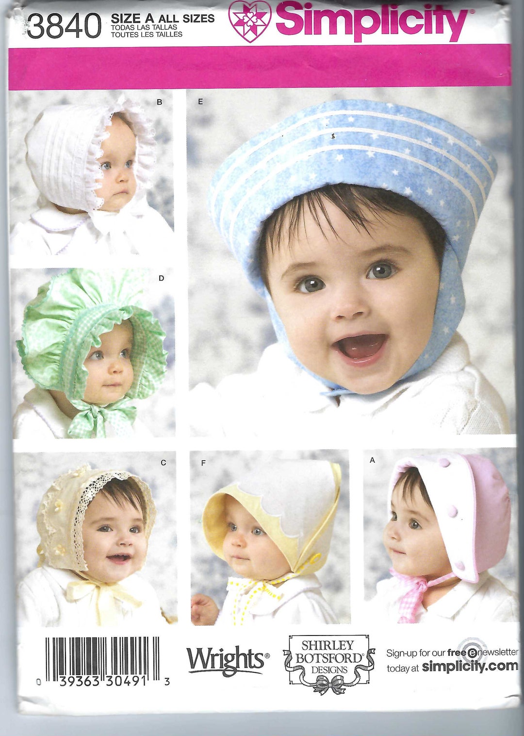 Uncut Simplicity Sewing Pattern Baby Bonnets in Three Sizes Simplicity ...