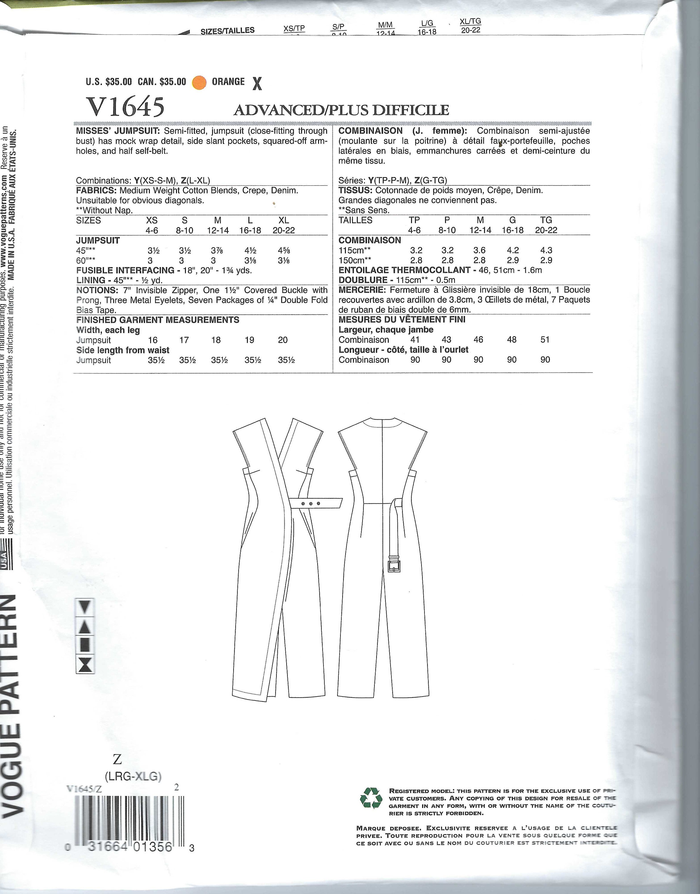 Uncut Vogue Sewing Pattern Womens Jumpsuit, Mock Wrap Jumpsuit Pattern ...