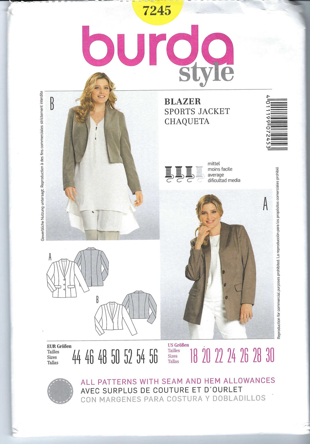 Uncut Burda Sewing Pattern Style Blazer Sports Jacket 7245 Pattern 18 ...