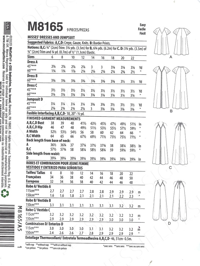 Uncut Mccalls Sewing Pattern 8165 Misses Very Loose-fitting V Neck ...