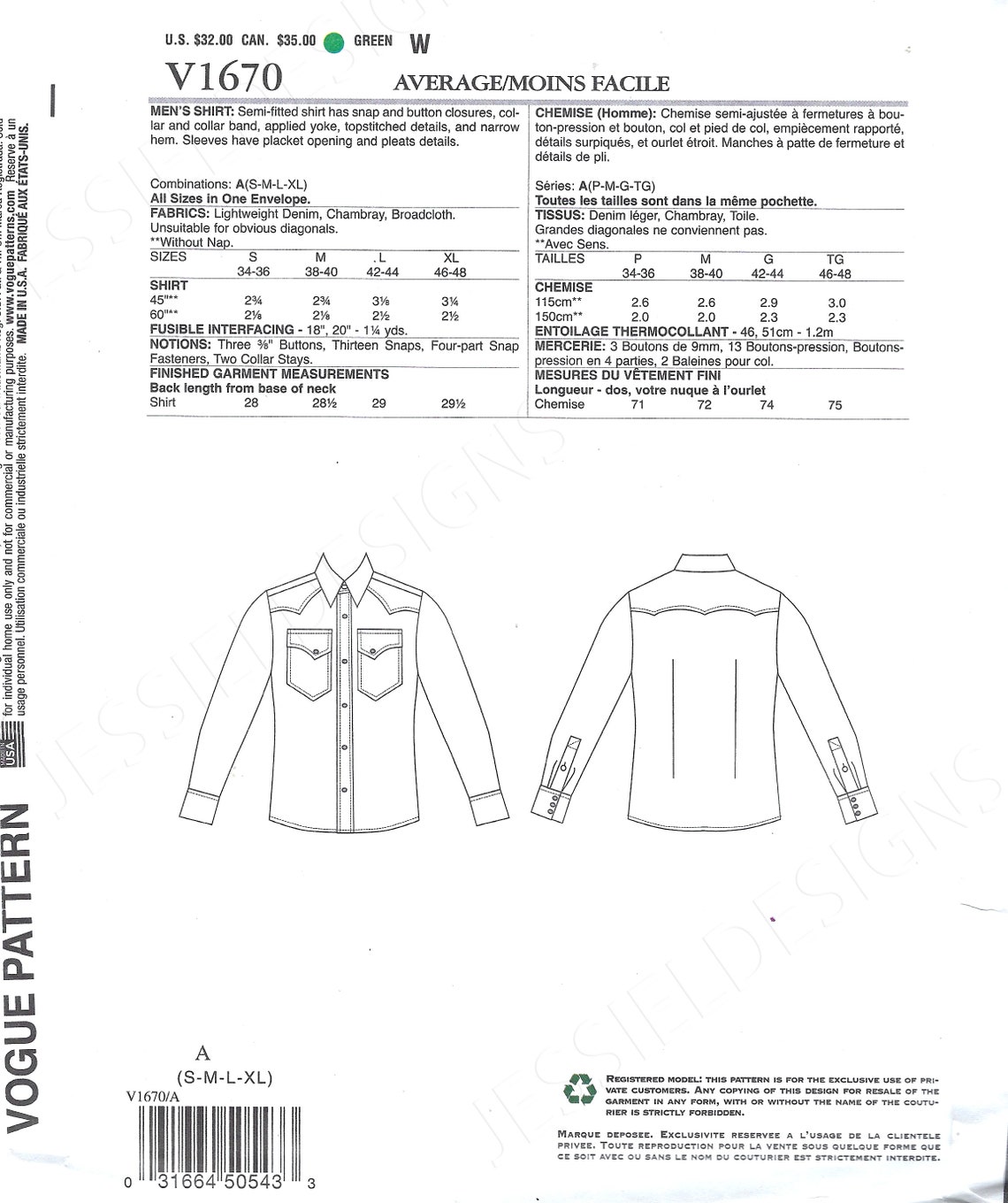 Uncut Vogue Sewing Pattern 1670 Ron Collins, Semi Fitted Shirt Has Snap ...