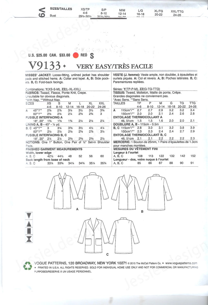 Uncut Vogue Sewing Pattern 9133 Misses' Boxy One-button - Etsy