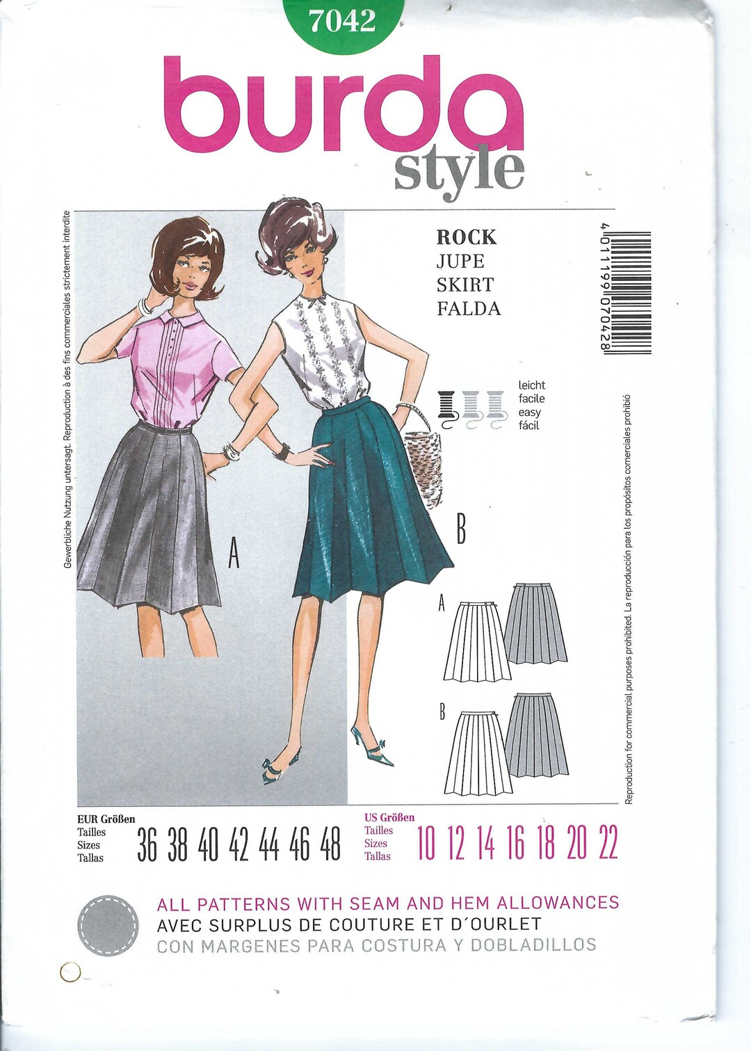 Uncut Burda Style Sewing Pattern 7042 Pleated Skirt Sewing Pattern Size ...