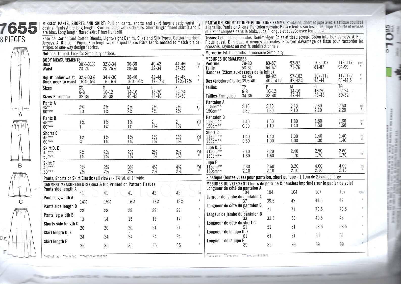 Uncut Vintage Simplicity Sewing Pattern 7655 Misses Pants, Shorts ...