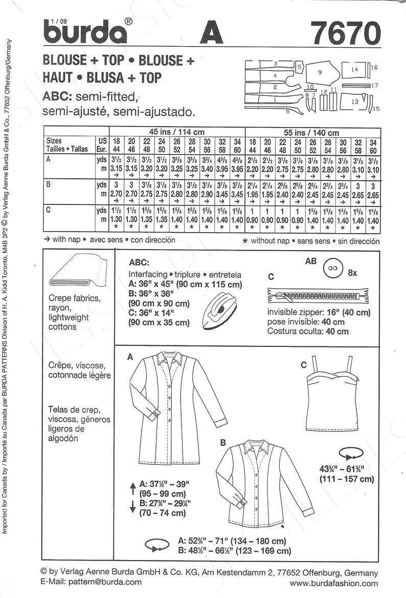 Uncut Burda Sewing Pattern Women's Blouse and Top Burda 7670 Sewing ...