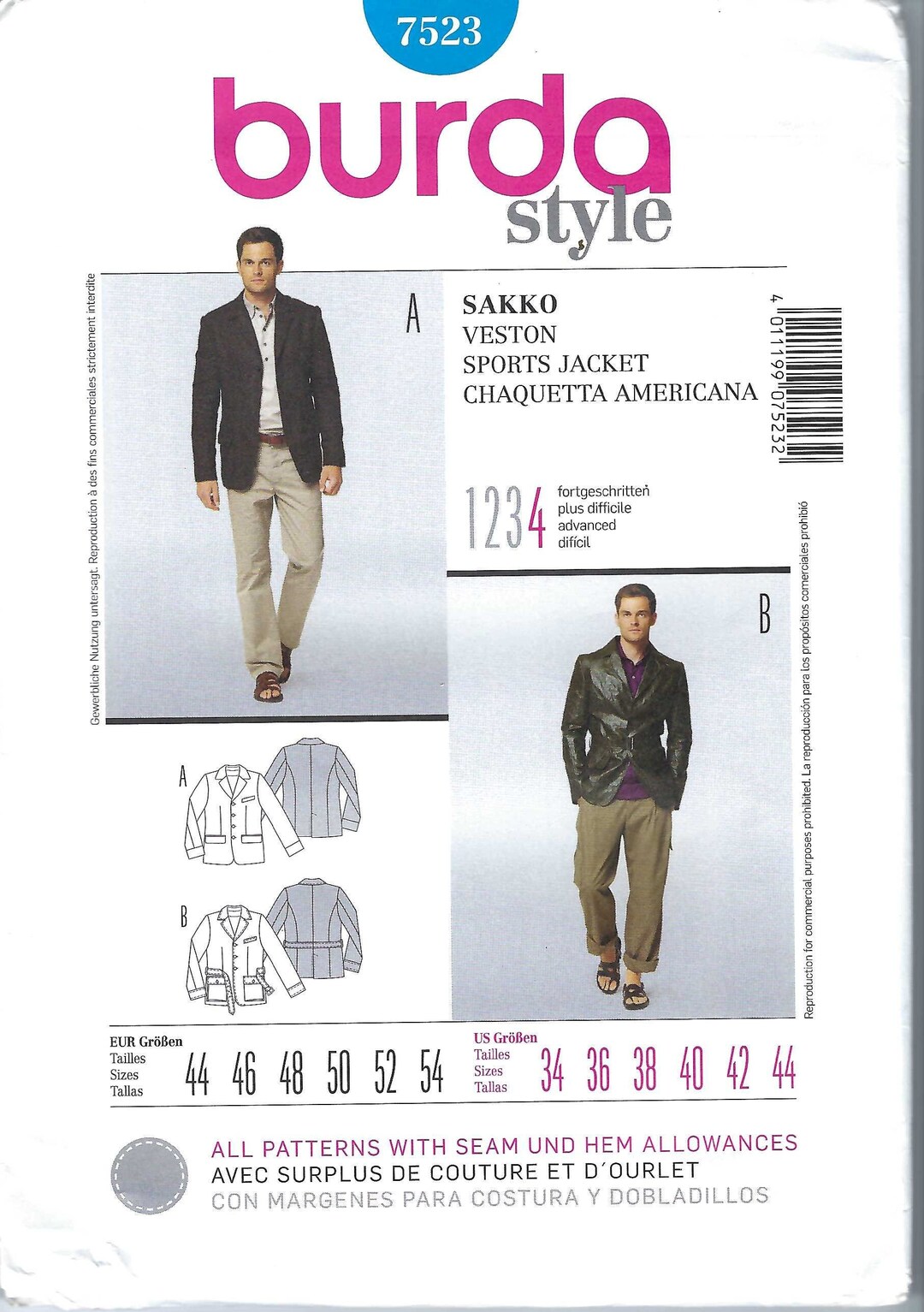 Rare Uncut Burda Style sewing Pattern 7523 men jacket size - Etsy Portugal