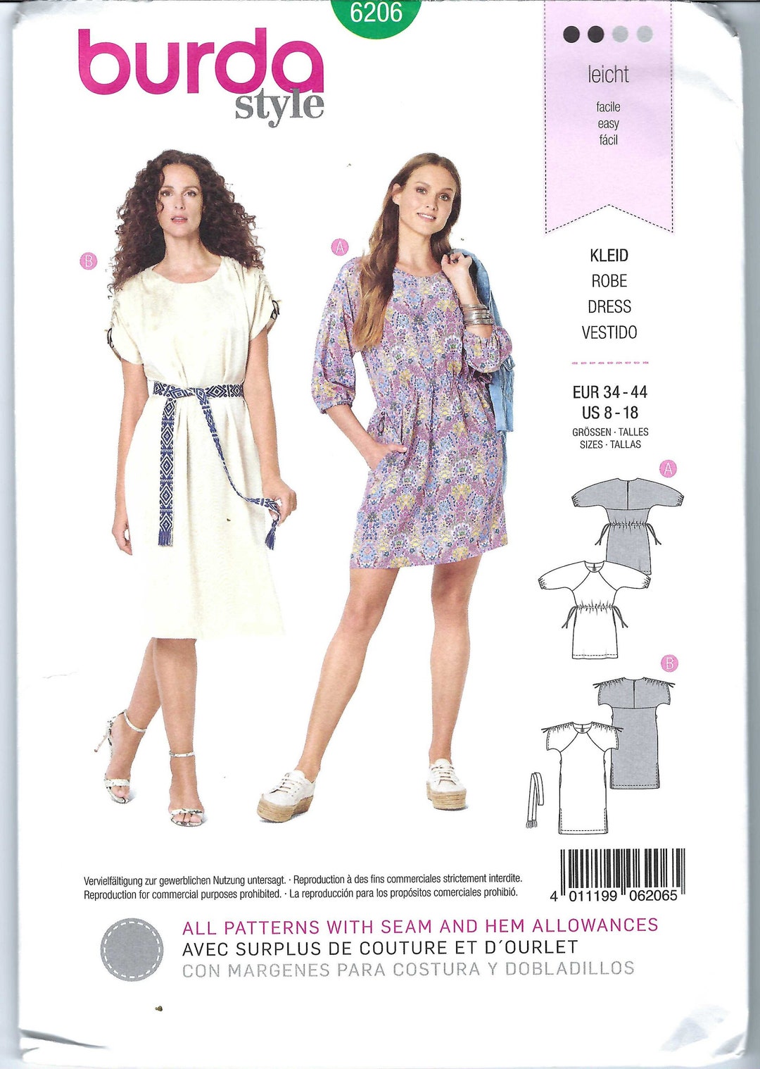 Uncut Burda Style Sewing Pattern Dress With Raglan Sleeves Waist Cover ...