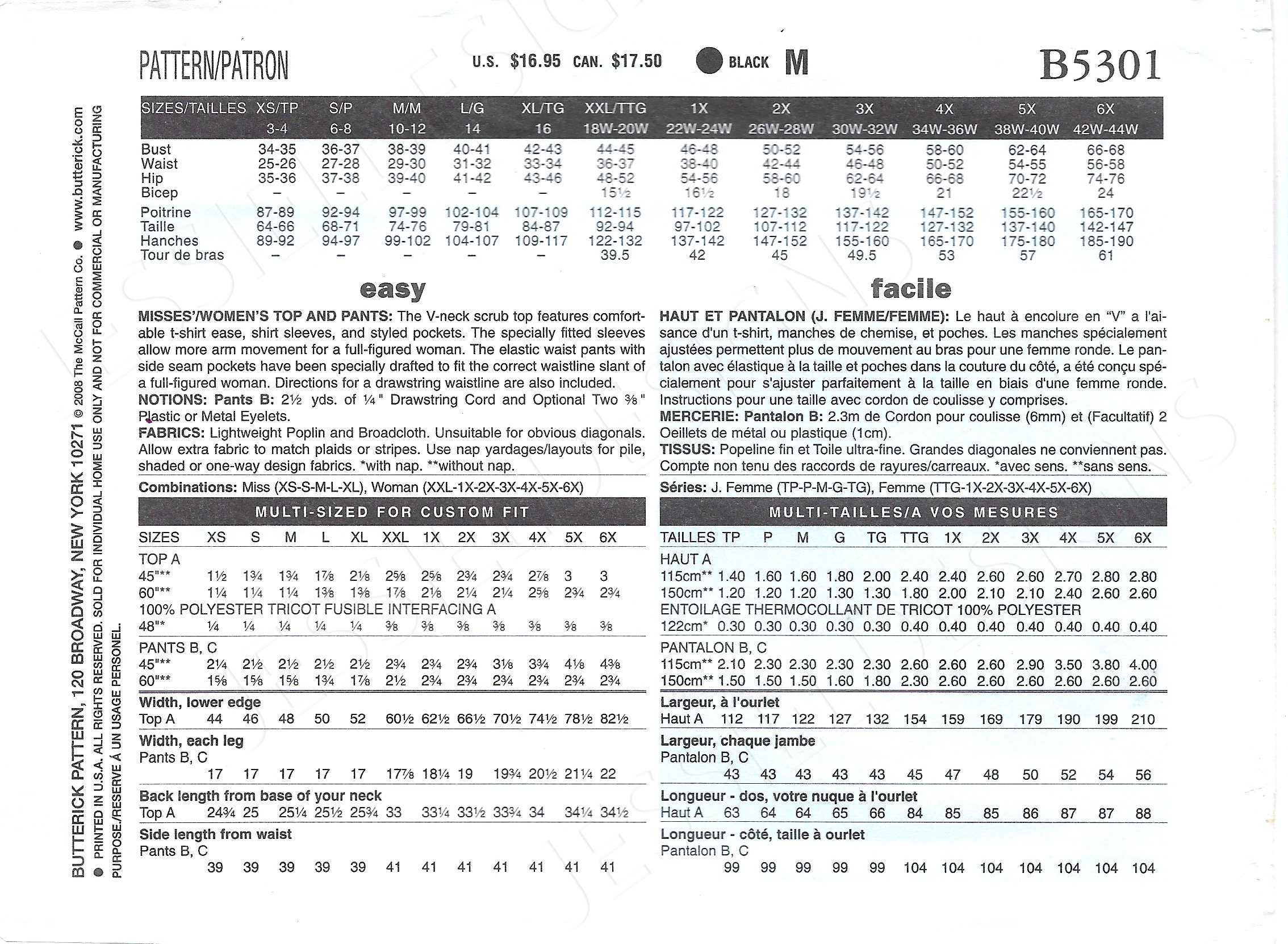 Uncut Butterick Sewing Pattern 5301 Pattern - Misses and Women's Scrub ...