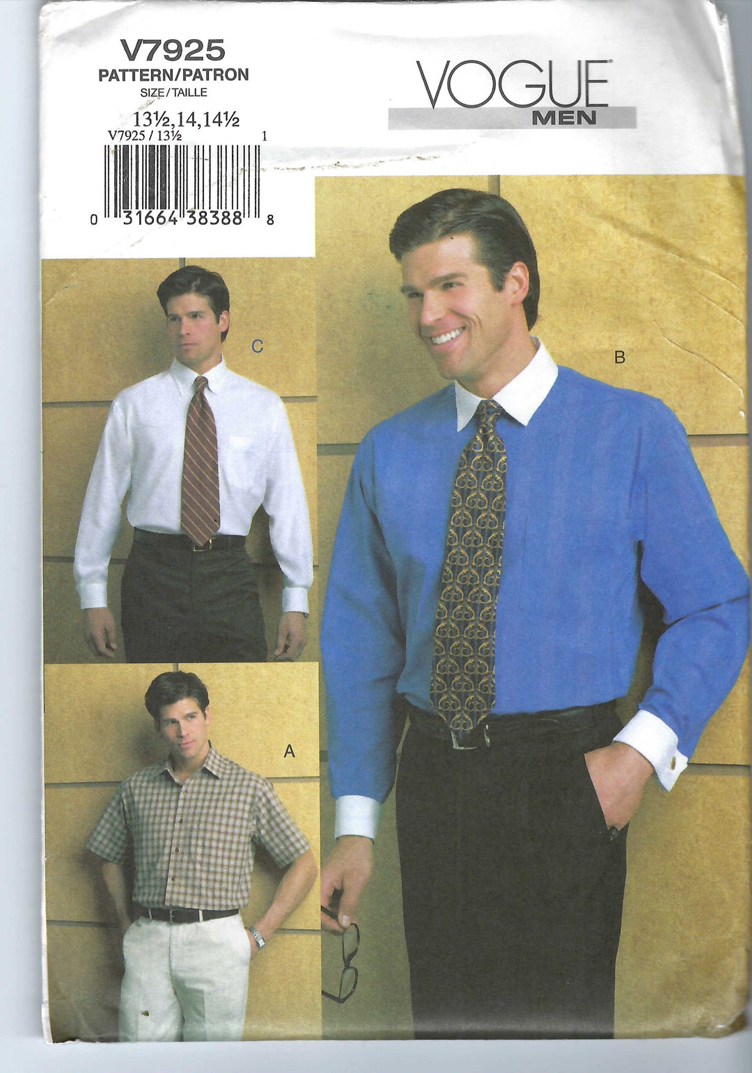 Uncut Vogue Sewing Pattern 7925 Men's Shirt Size 13 1/2-14-14 1/2 16 1/ ...