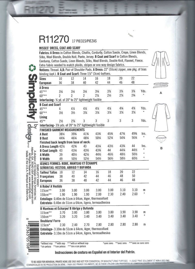 Uncut Simplicity Sewing Pattern 11270 9447 Misses Dress Coat - Etsy