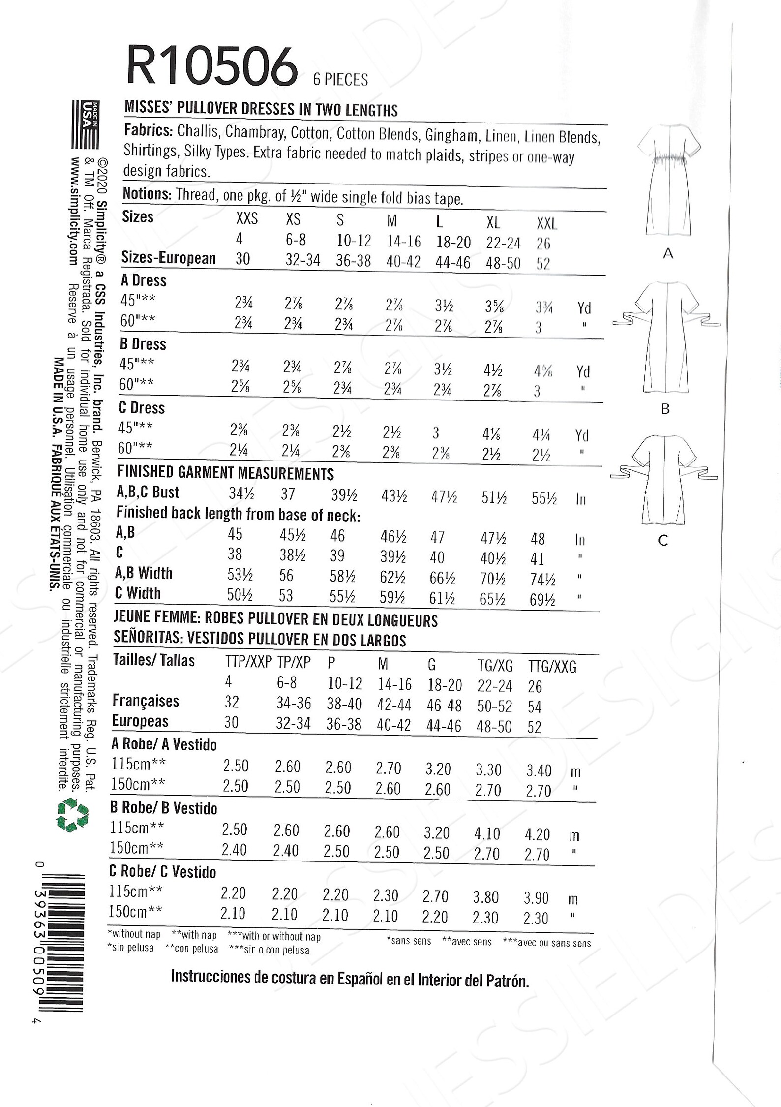 Uncut Simplicity Sewing Pattern 10506 9101 Pullover Dress - Etsy