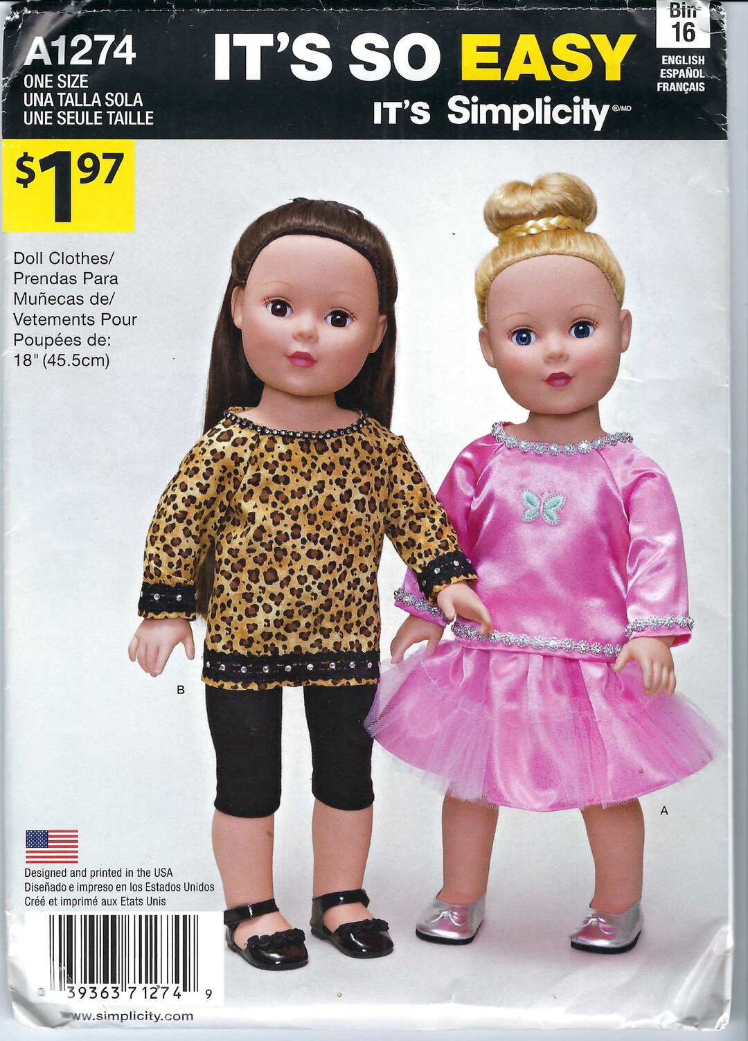 Uncut Simplicity Sewing Pattern 1274 18 Inch Doll Clothes Pattern Tutu ...