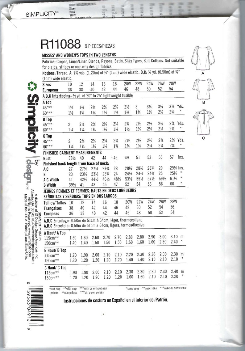 Uncut Simplicity Sewing Pattern 11088 9334 Sewing Pattern V-neck Tops ...