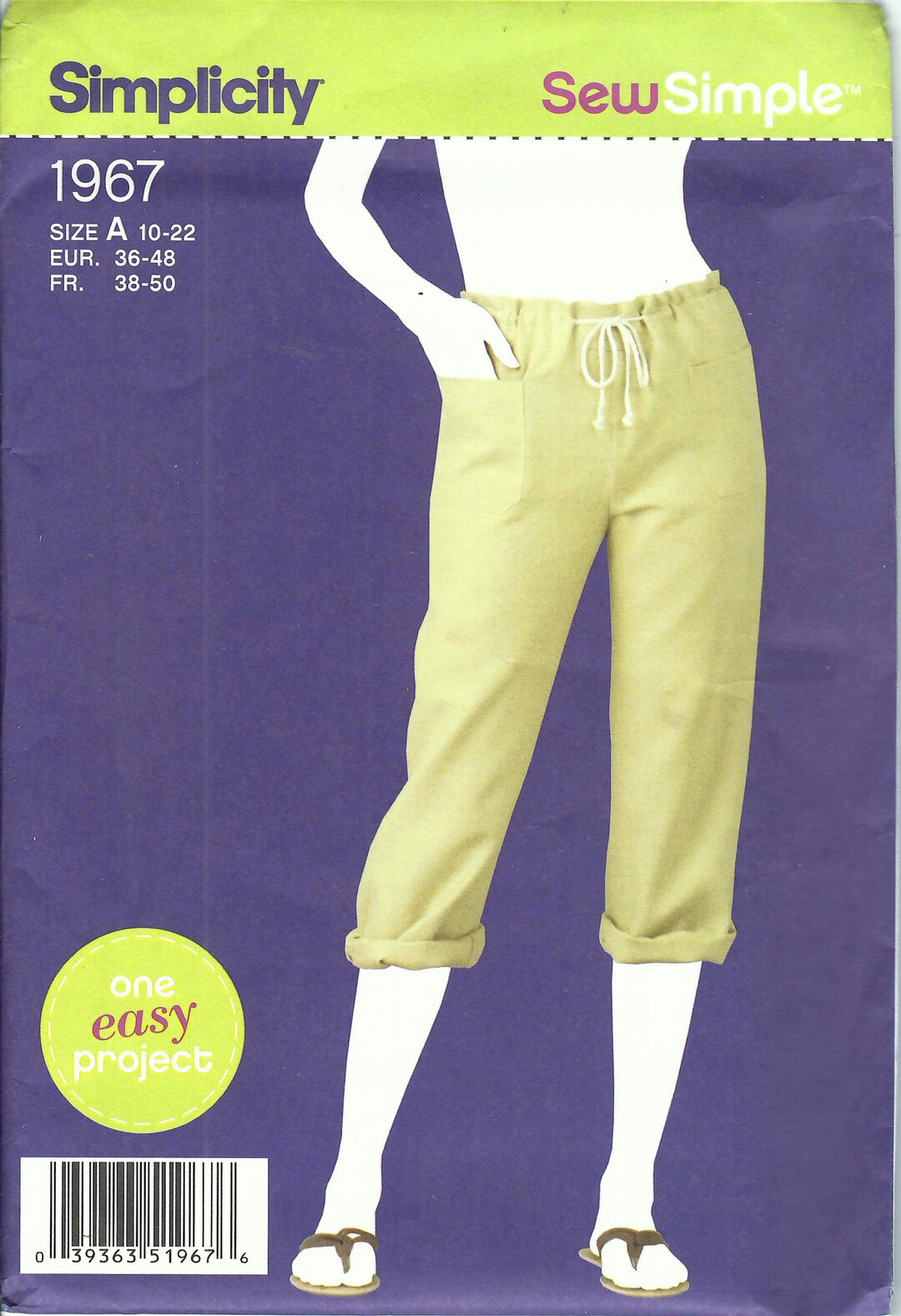Uncut Simplicity Sewing Pattern 1967 Misses Cropped Pants PATTERN 10-22 ...