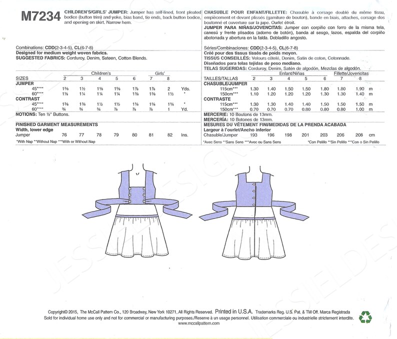 Uncut Mccalls Sewing Pattern 7234 Girl's, Toddler's Dress Size 2-5 6-7 ...