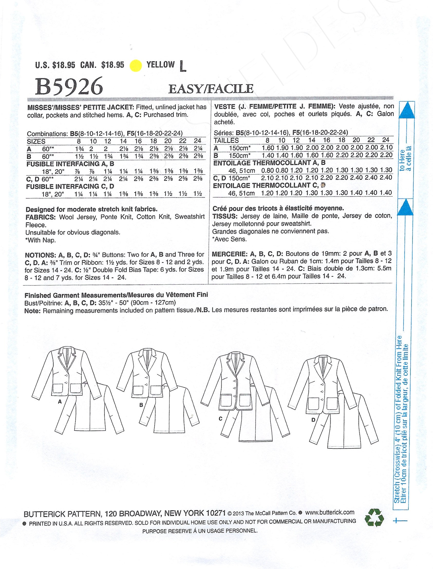 Uncut Butterick Sewing Pattern B5926 5926 Misses'/misses' Petite Jacket ...