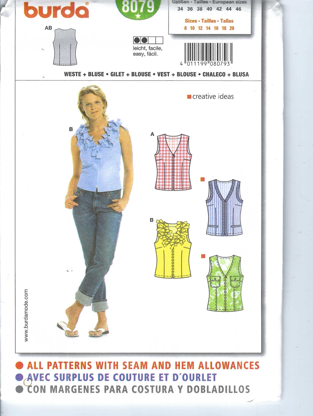 Uncut Burda Sewing Pattern 8079 Set of Sleeveless Tops Vests Zip Front ...