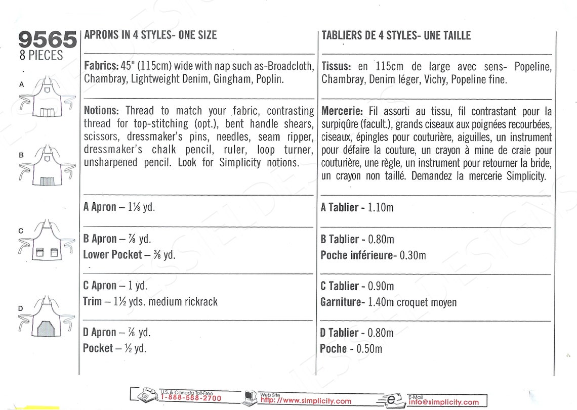 Uncut Simplicity Pattern Apron Sewing Pattern, Simplicity 9565 One Size ...