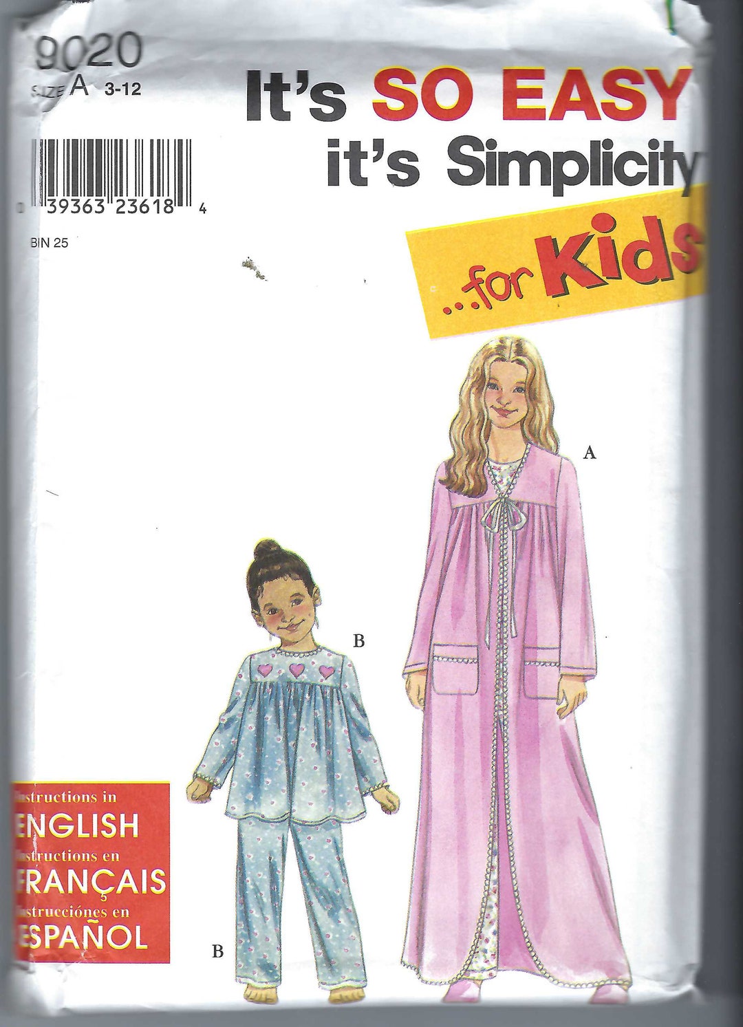 Uncut Vintage Simplicity Sewing Pattern 9020 Girls' Pajamas and Robe ...