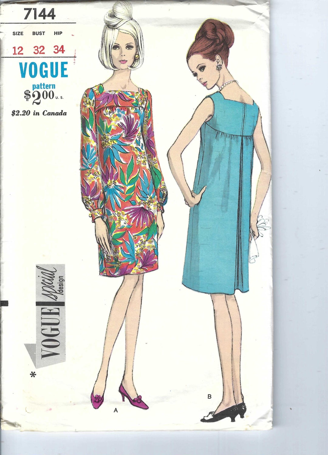 Rare Uncut Vintage Vogue Sewing Pattern 7144 Misses Dress Size 12 Bust ...