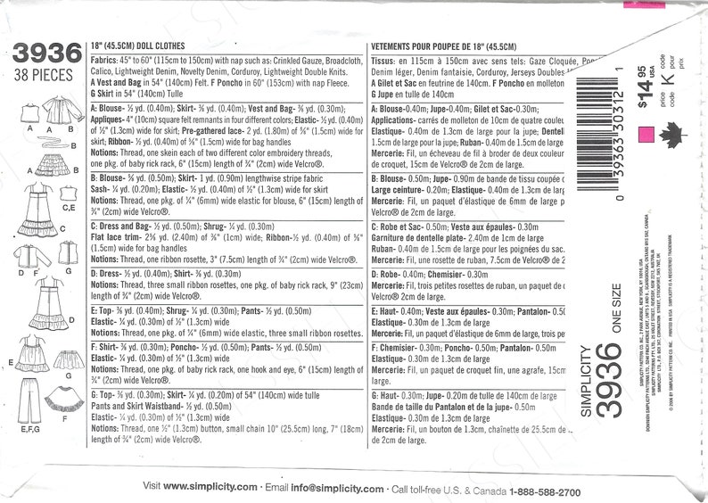 Uncut Simplicity Sewing Pattern 3936 One Size 18 Doll - Etsy