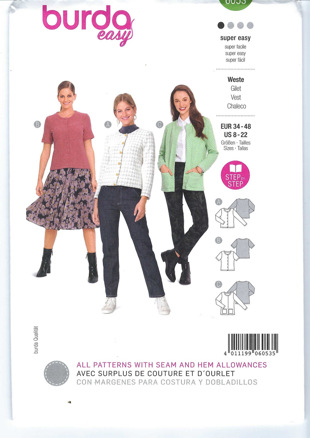 Uncut Burda Style Sewing Pattern 6053 Misses Jacket Easy to Sew Sizes 8 ...