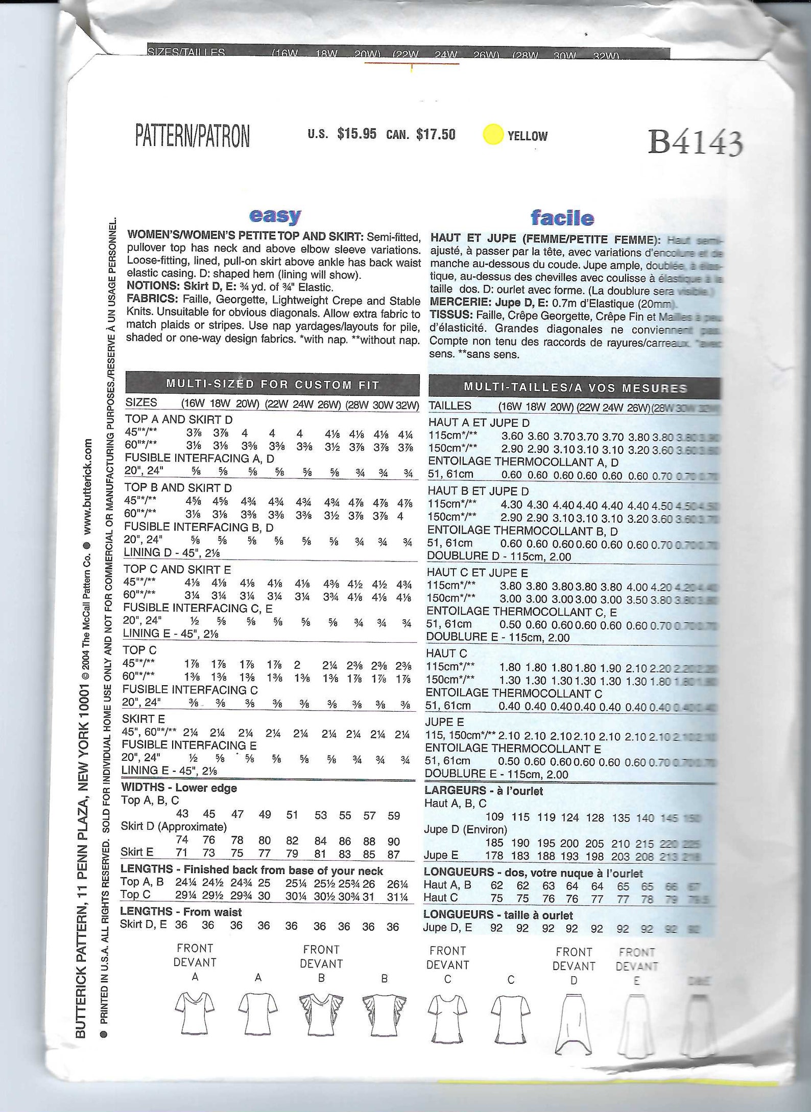 Uncut Butterick Sewing Pattern 4143 TOPS & SKIRTS Sizes - Etsy