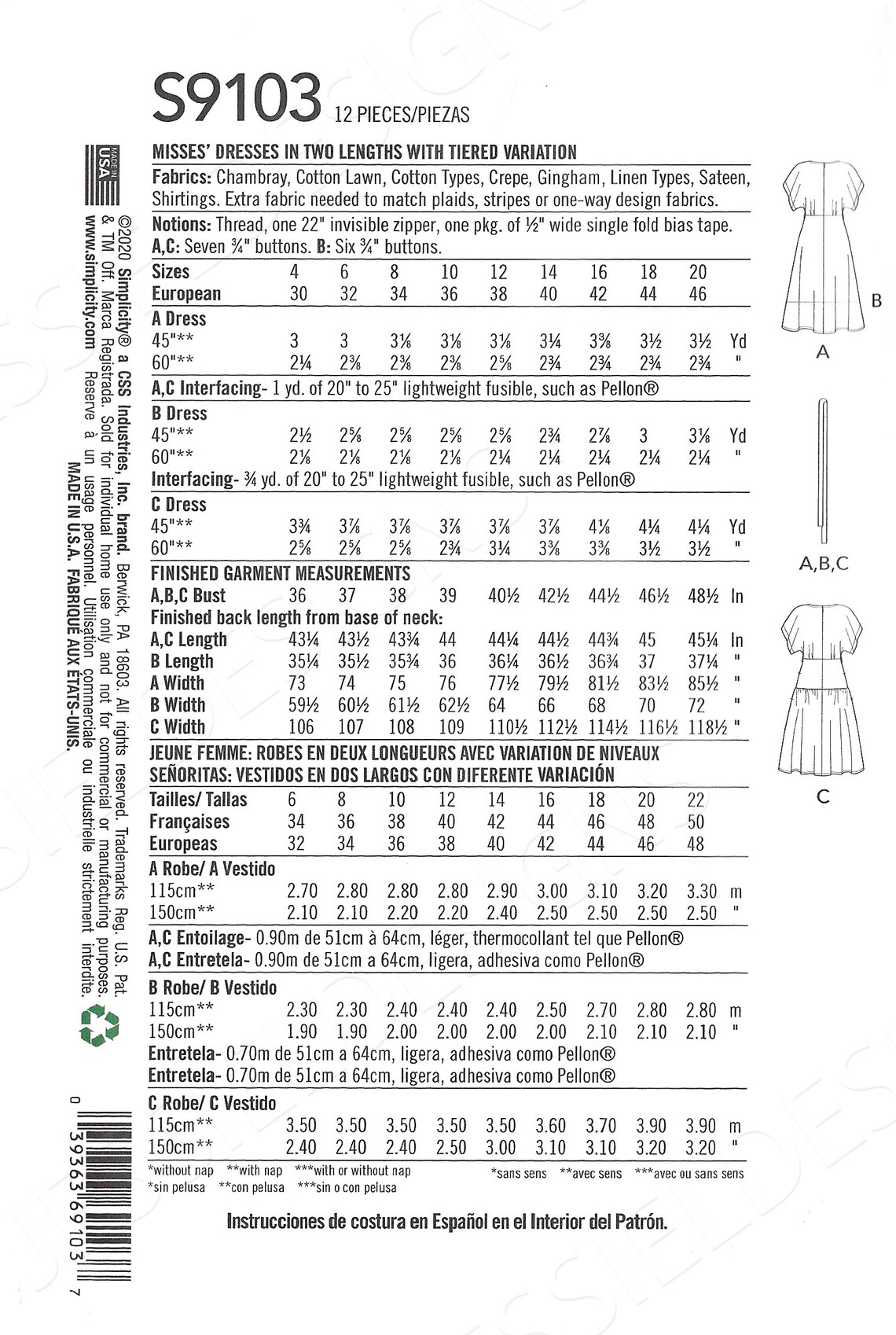 Uncut Simplicity Sewing Pattern 10502 S9103 9103 Misses' - Etsy