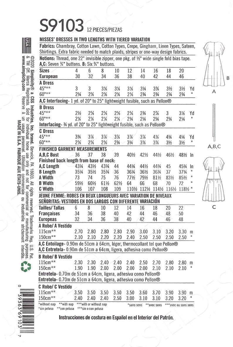 Uncut Simplicity Sewing Pattern 10502 S9103 9103 Misses' - Etsy