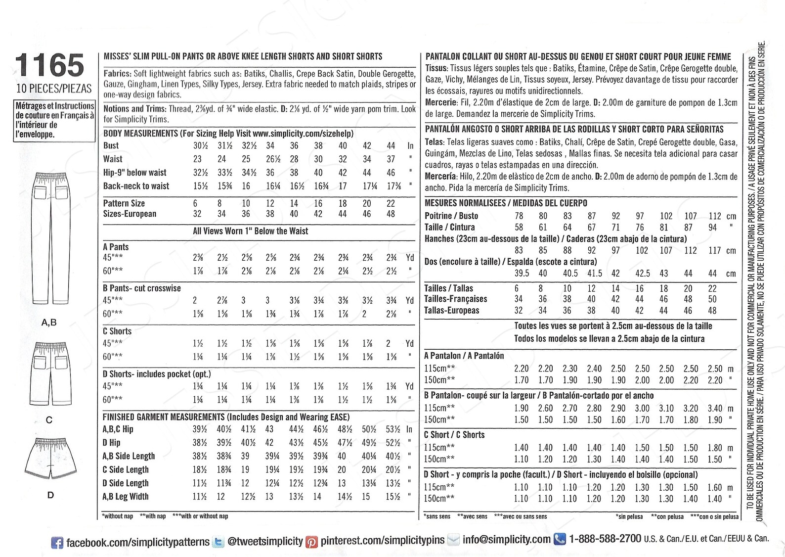 Uncut Simplicity Sewing Pattern 844 1165 Pants Shorts Slim - Etsy