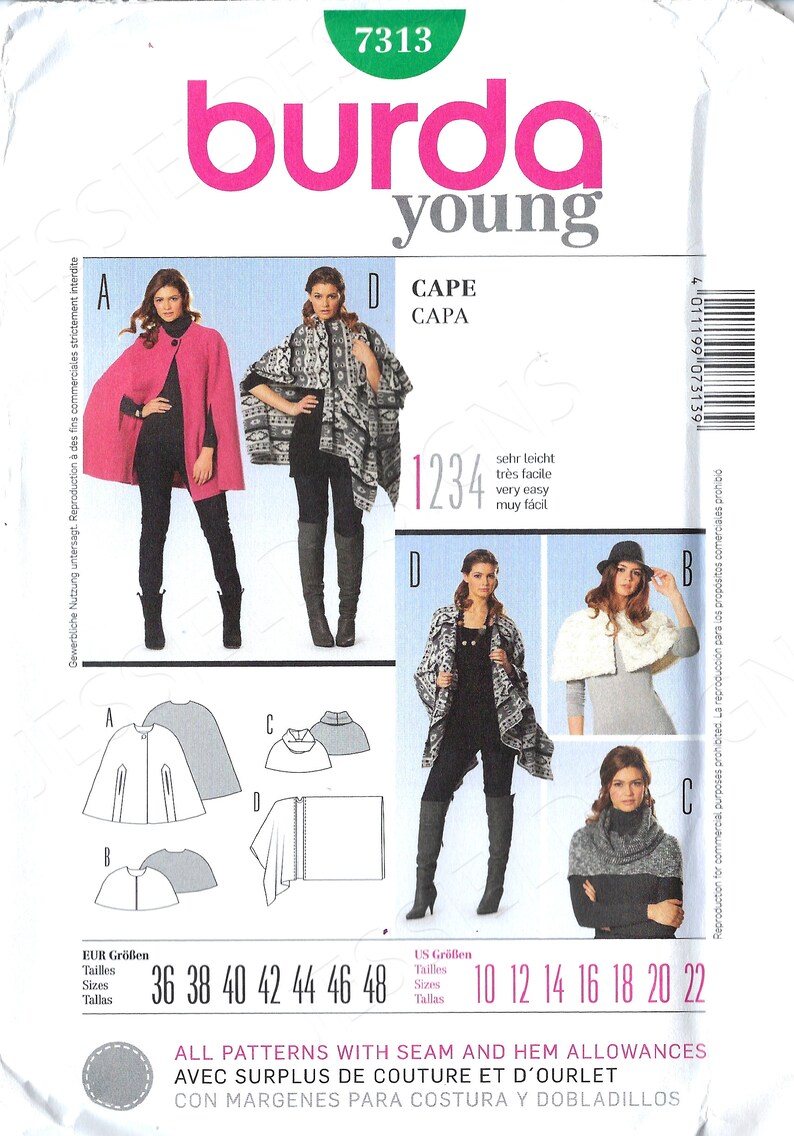 FF Burda Style Sewing Pattern 7313 Cape Wrap Shrug Capelet, Modern Boho ...