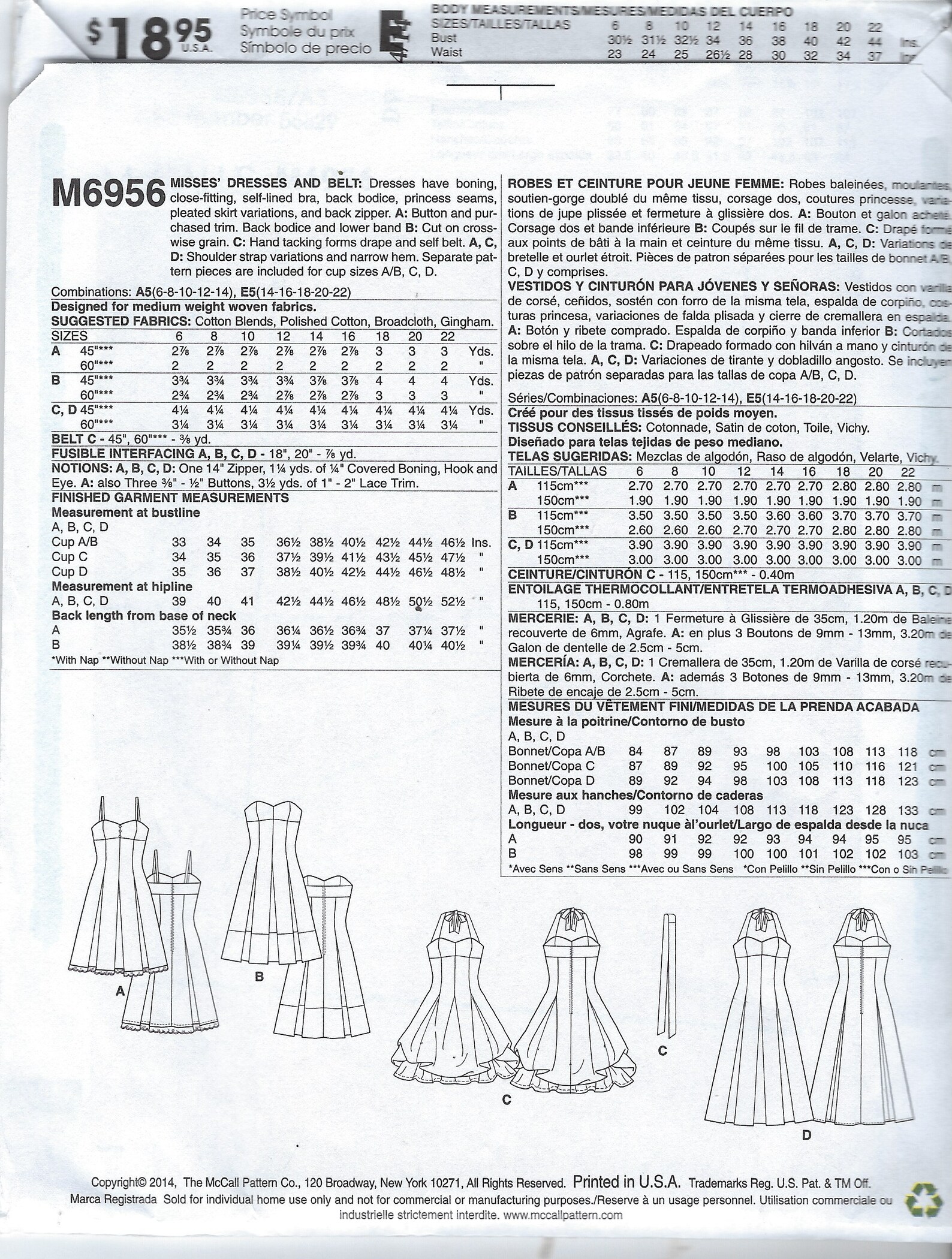 Uncut Mccalls Sewing Pattern 6956 Sizes 6-14 14-22 Misses Summer ...