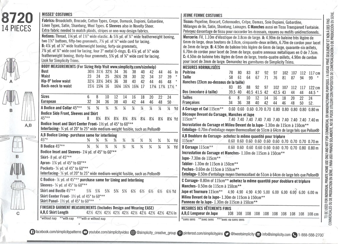 Uncut Simplicity Sewing Pattern Costumes 0189 8720 R10324~ Misses ...
