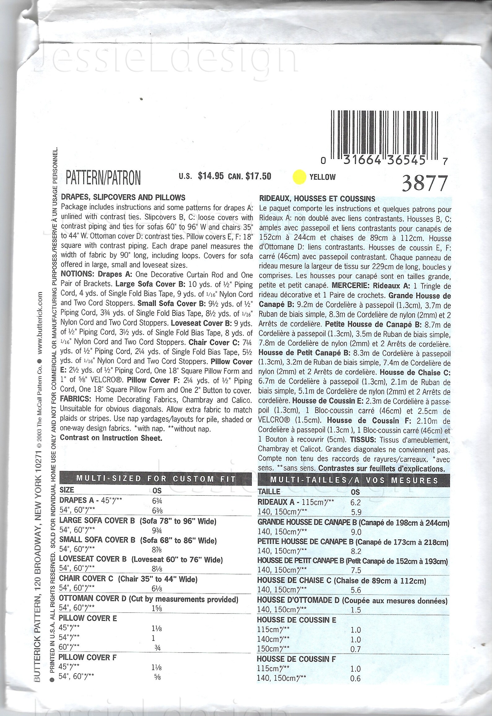 Uncut Butterick Sewing Pattern 3877 Slipcover and Pillow - Etsy