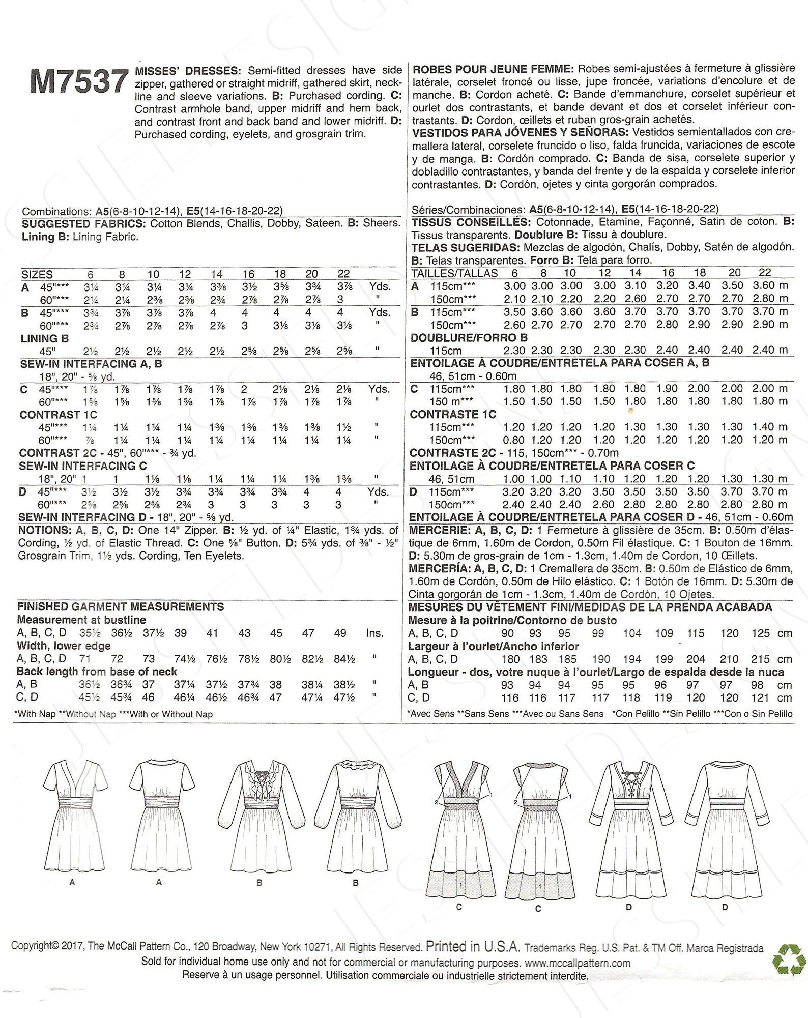 Uncut Mccall's Sewing Pattern M7537 7537 Misses' Banded Gathered-waist ...