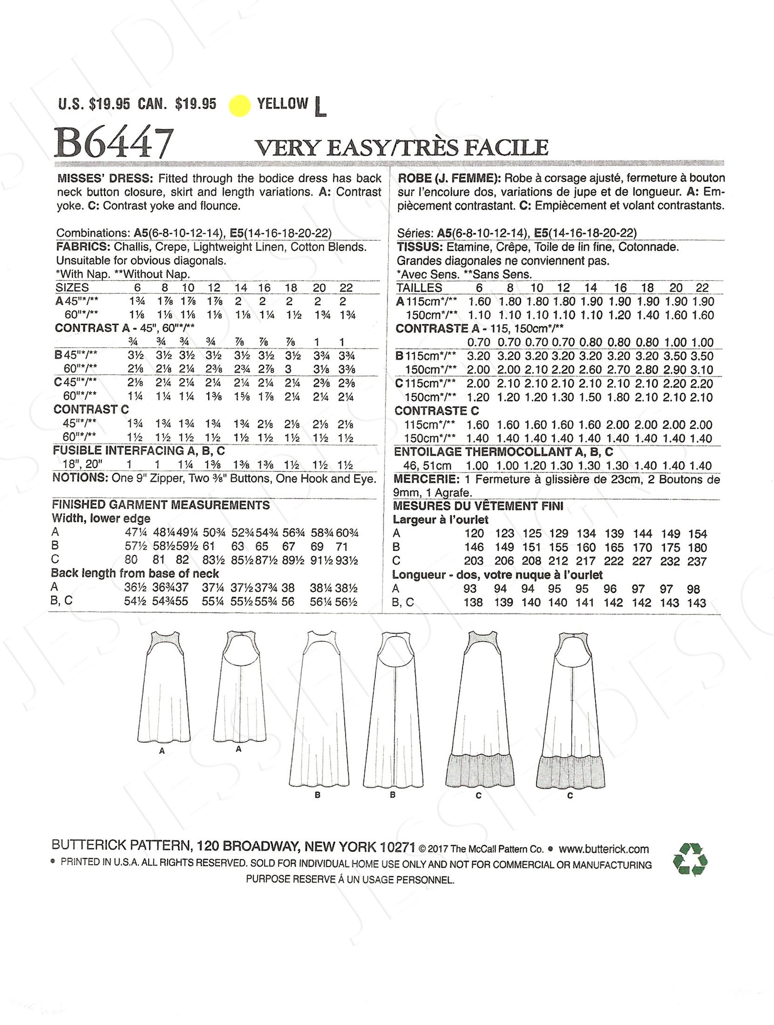 Uncut Butterick Sewing Pattern 6447 Misses' Dress Size | Etsy