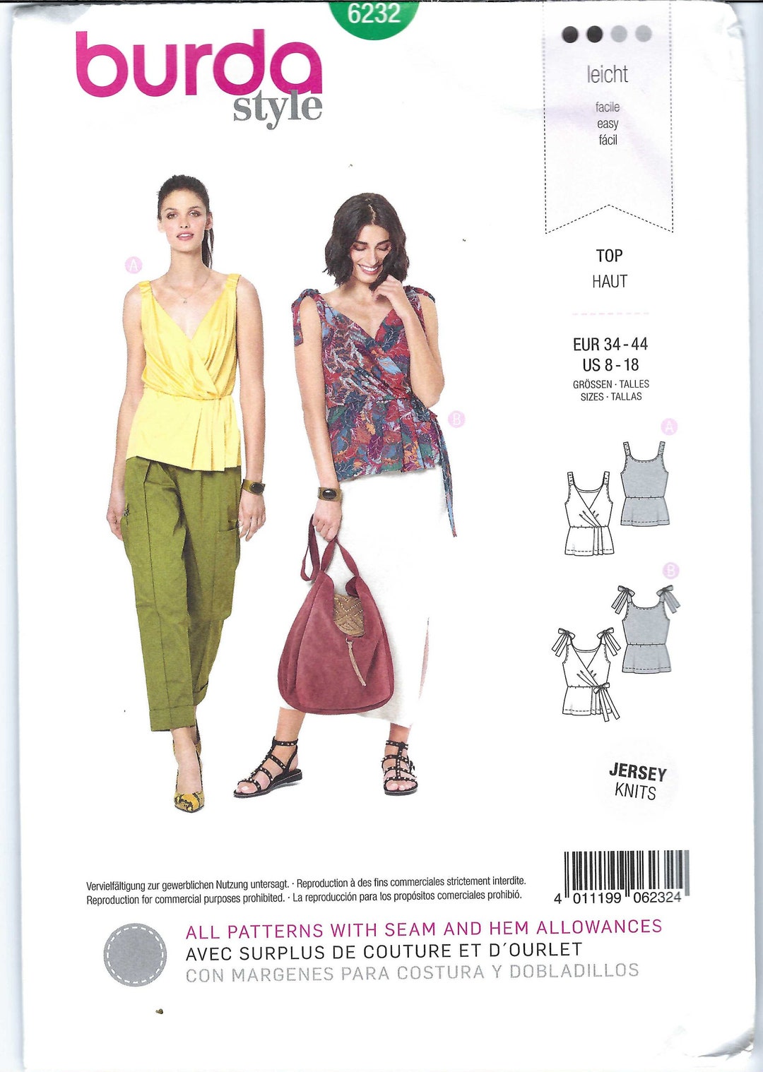 Uncut Burda Style Sewing Pattern Top With Wrapping Effect - Elastic ...