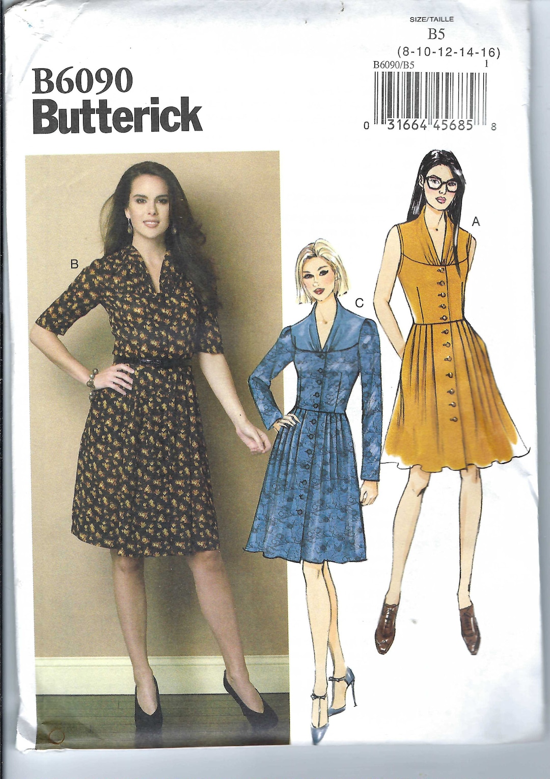 Uncut Butterick Sewing Pattern 6090 Ms Button Front Dress W/sleeve Opts ...