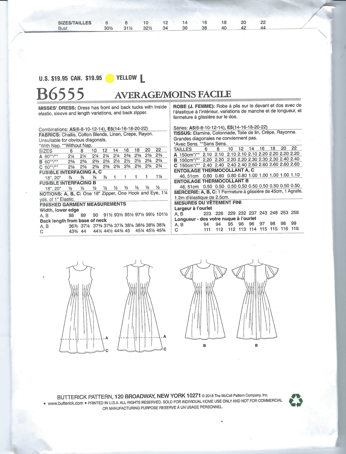 Uncut Butterick Sewing Pattern 6555, Misses’ Dress With Front and Back ...