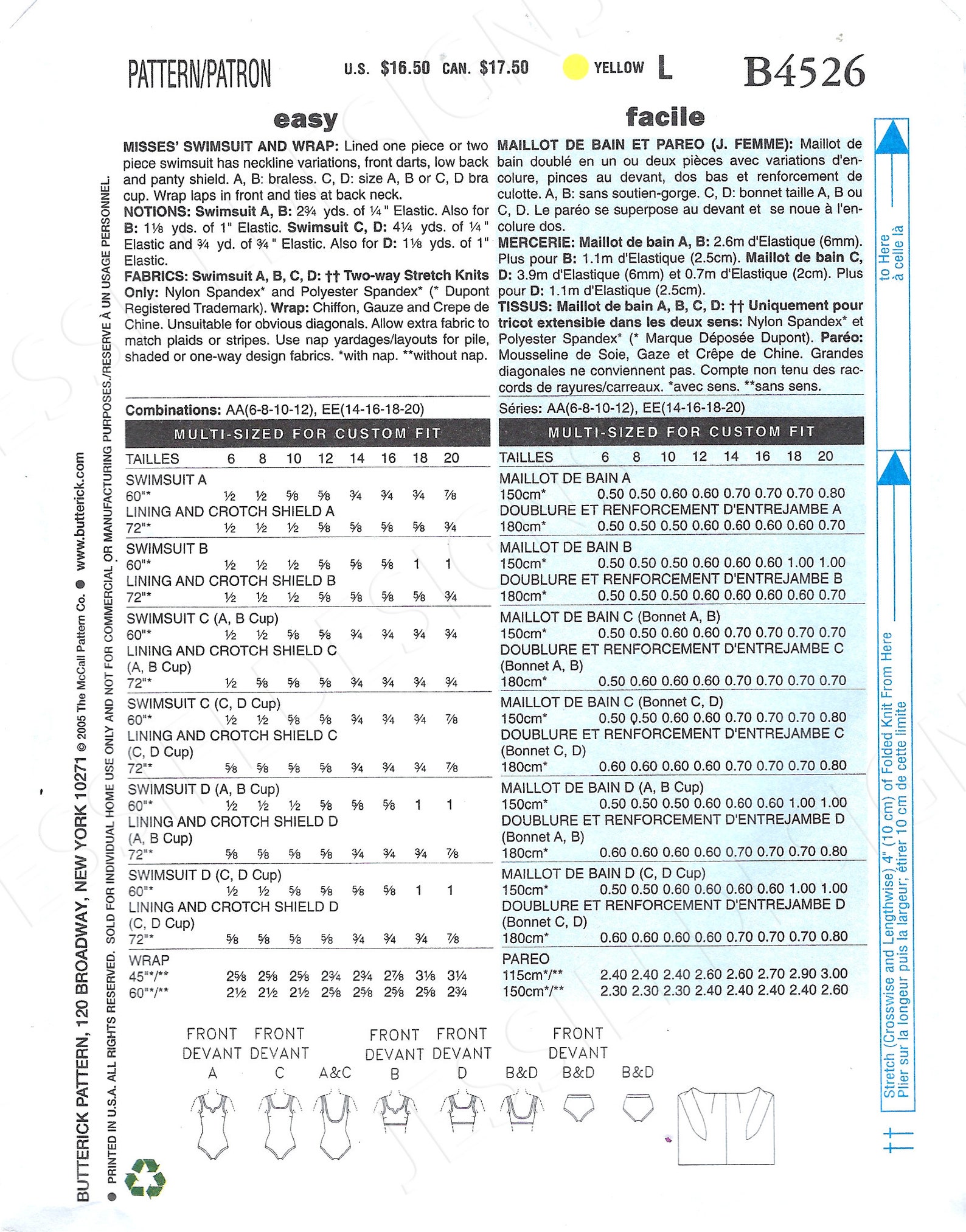 Uncut Butterick Sewing Pattern 4526 Swimsuit Swimwear Size - Etsy