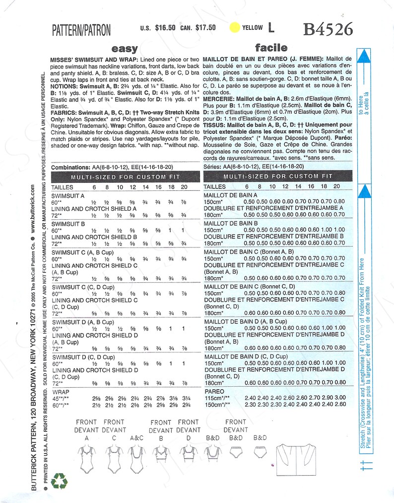 Uncut Butterick Sewing Pattern 4526 Swimsuit Swimwear Size - Etsy