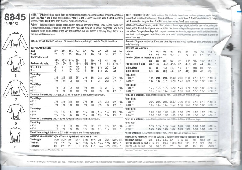 Uncut Vintage Simplicity Sewing Pattern 8845 Misses Tops With - Etsy