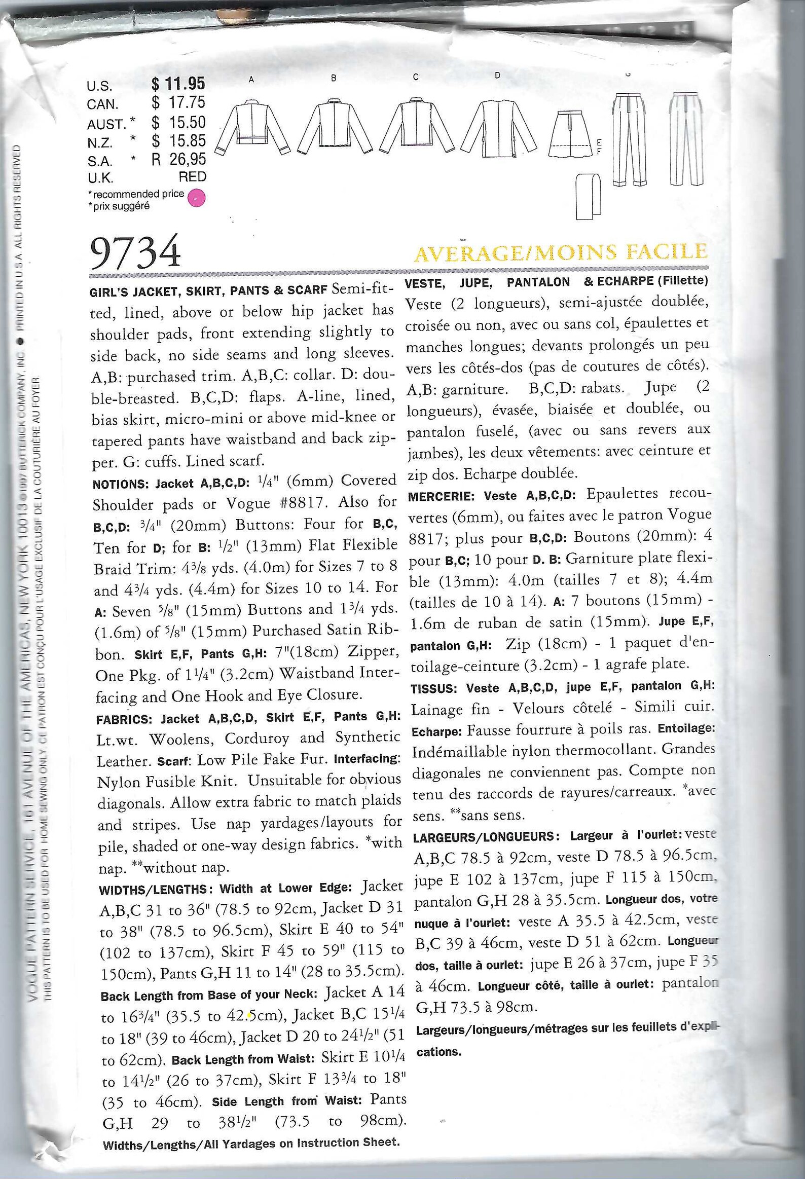 Uncut Vogue Sewing Pattern 9734 Sewing Pattern, Girls Jacket, Skirt ...