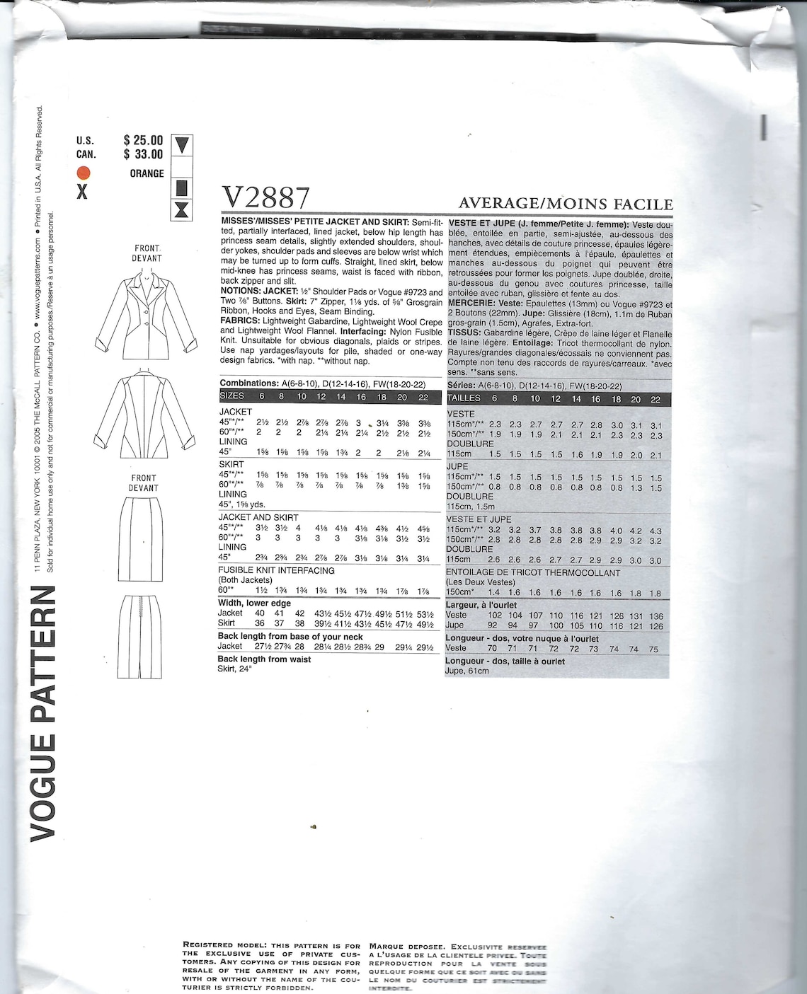 Uncut Vogue Sewing Pattern 2887 Designer Sewing Pattern Jacket Skirt ...