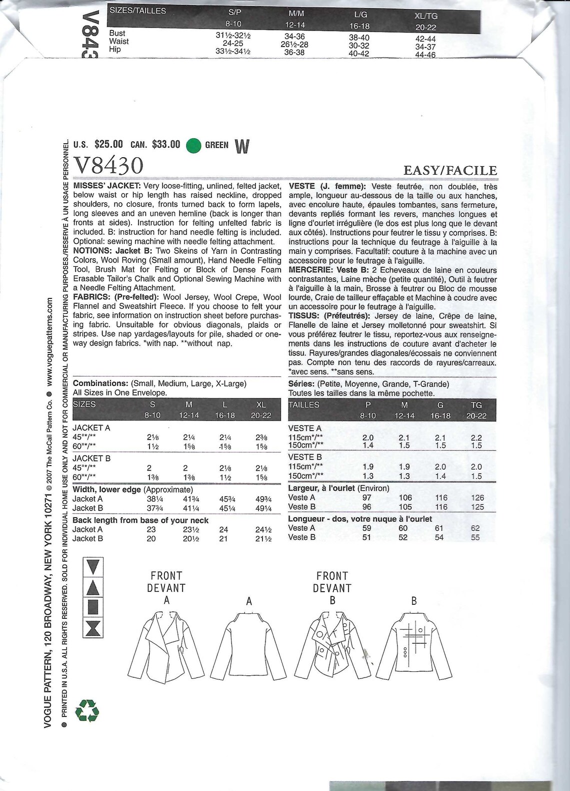 Uncut Vogue Sewing Pattern 8430 Wearable Art Jackets by Marci Tilton ...