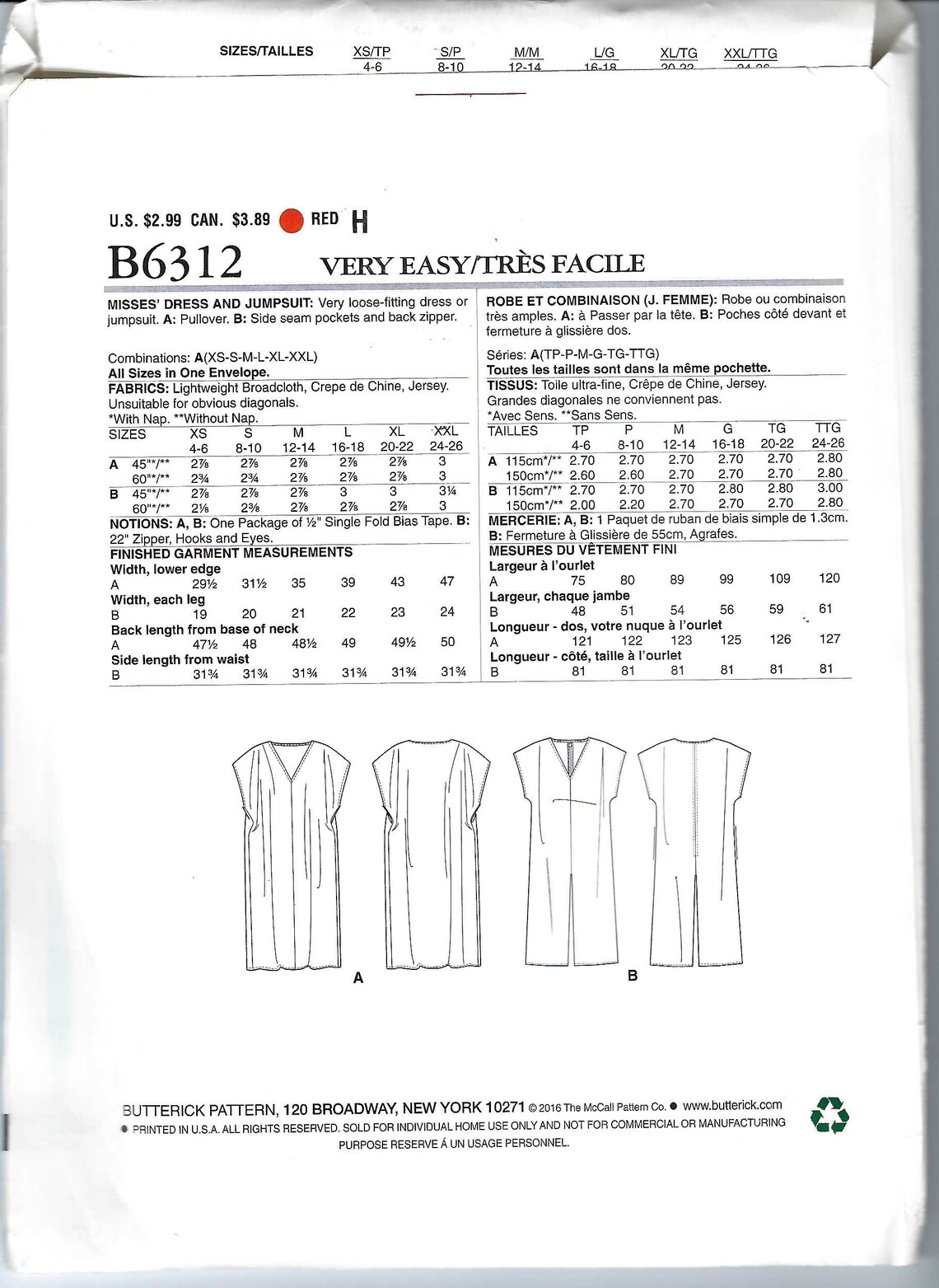 Uncut Butterick Sewing Pattern 6312 for Loose Fitting Dress and ...