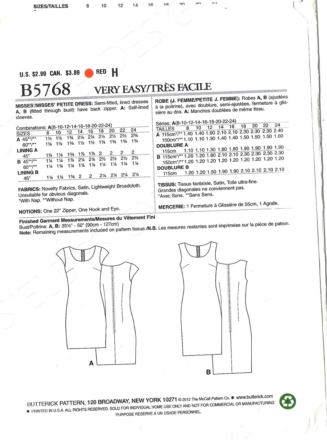 Uncut Butterick Sewing Pattern 5768 Misses Dress Sewing - Etsy