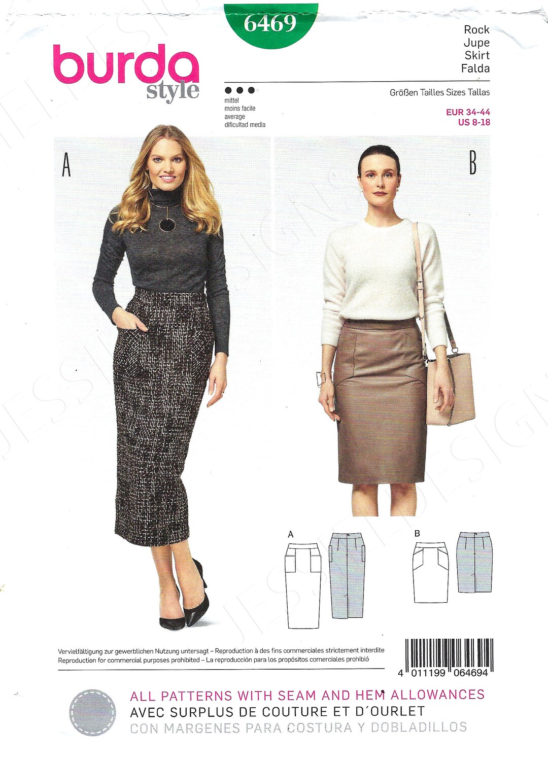 Uncut Burda Sewing Pattern 6469 Misses' Pencil Skirts With Patch ...
