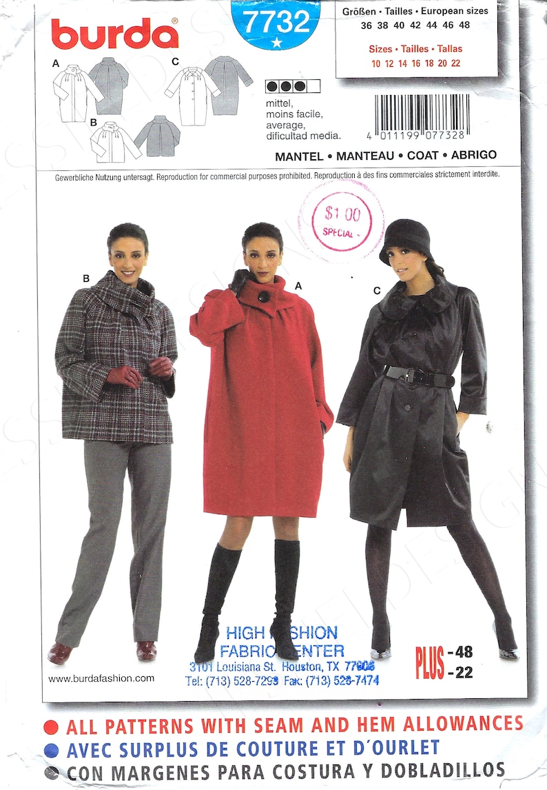Rare Uncut Burda sewing pattern 7732 misses coat size | Etsy