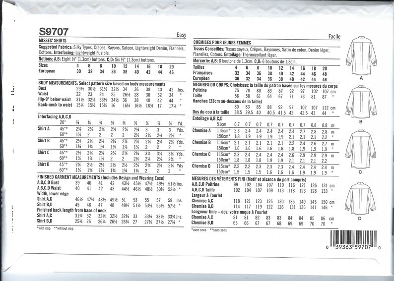 Uncut Simplicity Sewing Pattern 11693 9707 Misses' Shirts Size 4-12 12 ...